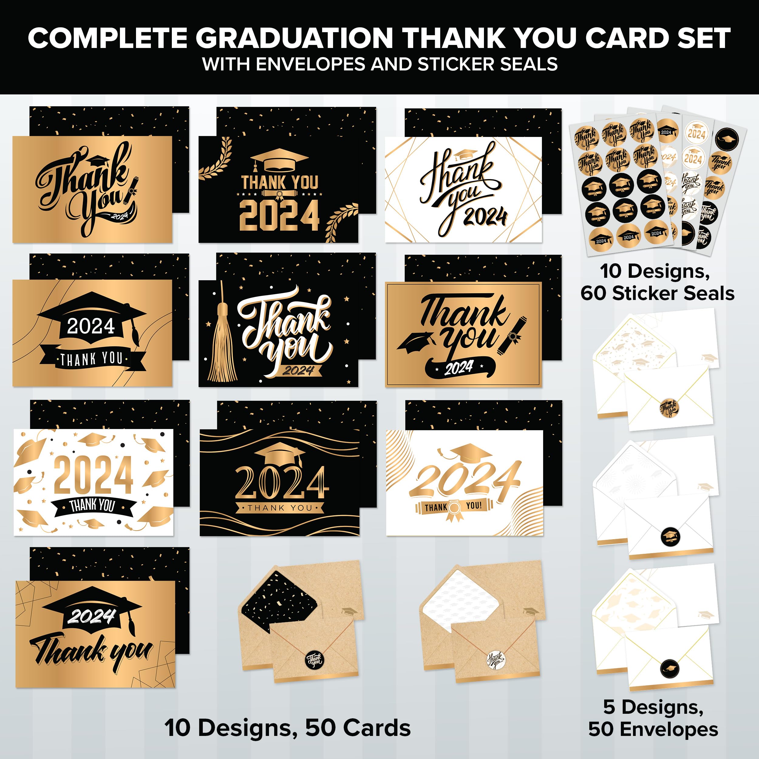 50 Pack Gold-Foiled Thank You Cards for Graduation with Envelopes & Stickers - 10 Designs Blank Inside Graduation Thank You Cards with Envelopes, 6x4in Thank You Graduation Cards Grad Thank You Cards