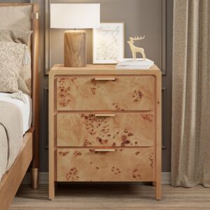 COZAYH Fully Assembled Farmhouse 3-Drawer Nightstand, Set of 2，Distressed Wood Retro Accent Dresser, Chest of Drawers, Tall Nightstand for Bedroom, Living Room, Entryway, Rustic, Natural, Burl