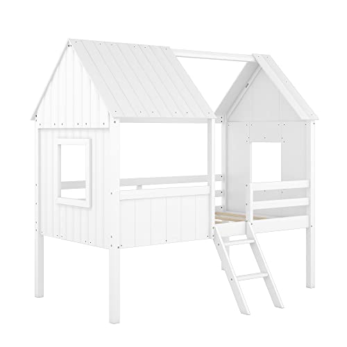 BOVZA Twin Playhouse Bed for Kids, Wood House Low Loft Bed with Two Side Windows and Roof for Girls and Boys Bedroom, White