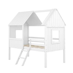 BOVZA Twin Playhouse Bed for Kids, Wood House Low Loft Bed with Two Side Windows and Roof for Girls and Boys Bedroom, White