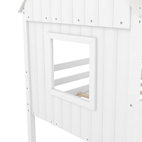 BOVZA Twin Playhouse Bed for Kids, Wood House Low Loft Bed with Two Side Windows and Roof for Girls and Boys Bedroom, White