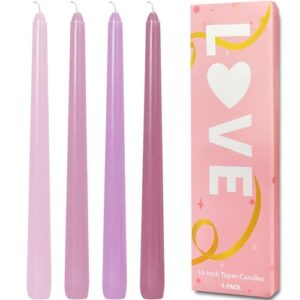 topsics 10 inch pink taper candle set of 4, purple taper candles candlesticks for mother's day, valentine's day, unscented smokeless long tall tapered candles for party, wedding