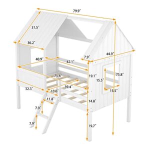 BOVZA Twin Playhouse Bed for Kids, Wood House Low Loft Bed with Two Side Windows and Roof for Girls and Boys Bedroom, White