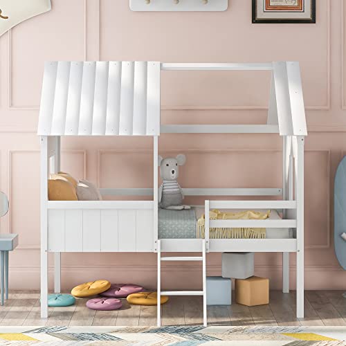 BOVZA Twin Playhouse Bed for Kids, Wood House Low Loft Bed with Two Side Windows and Roof for Girls and Boys Bedroom, White