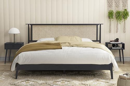 NTC Ruby Wooden Bed Frame with Headboard and Natural Rattan, Solid Oak Foundation with Silent Slats, 1000 Lb Capacity, Effortless Assembly, Queen - Burnt Black