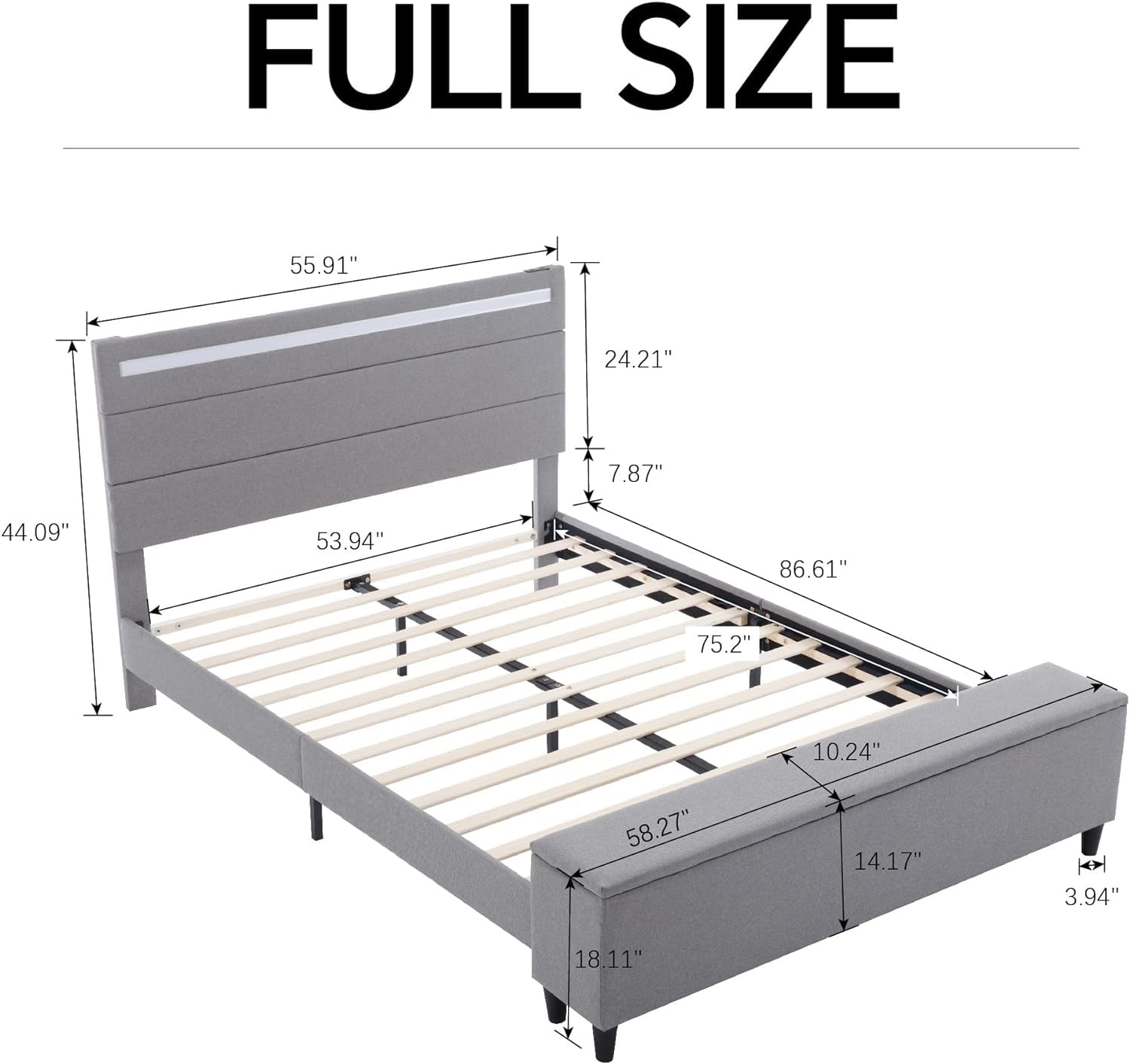 Kallabe Full Size Bed Frame with Ottoman, Upholstered Headboard with LED Lights and USB Ports, Noise-Free Bed Frame with Solid Wooden Slats Support, No Box Spring Needed, Easy Assembly, Grey