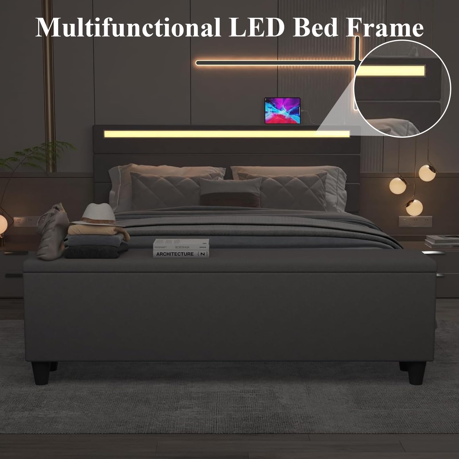 Kallabe Full Size Bed Frame with Ottoman, Upholstered Headboard with LED Lights and USB Ports, Noise-Free Bed Frame with Solid Wooden Slats Support, No Box Spring Needed, Easy Assembly, Grey