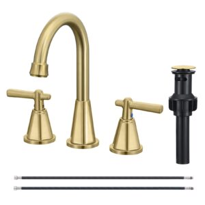 damomo bathroom sink faucet, brushed gold 8 inch widespread bathroom faucet for sink 3 hole, 2 handle sink faucet with pop up drain and 2 supply hoses for rv bathroom vanity