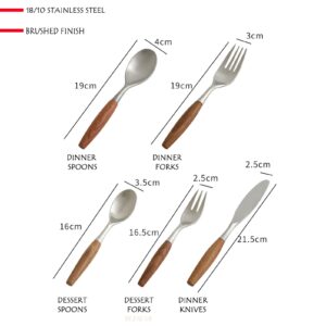 EyMann 20-Piece Stainless Steel Flatware Set with Wooden Handle - 4 Sets of Wooden Cutlery Utensils Set - Elegant Brushed Silverware Set for Home, Restaurant, Wedding, Party (Service for 4)