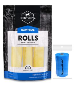 accessipets dog chews bundles for medium and large dogs, 6 inch highly digestible rawhide rolls bundle with 1 dog waste roll (natural beefhide, 3 count)