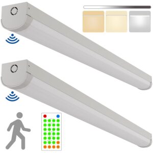 2 pack 4ft tri-level motion sensor led linear strip stairwell light with remote 2 watt cct selectable 20w/40w 2500lm/5000lm 3000k/4000k/5000k dimmable 4 foot commercial shop ceiling light fixture, fcc