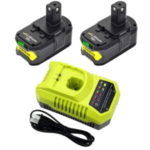 2pack 6.0ah replacement for ryobi 18v battery and charger combo replacement for ryobi 18v lithium p102 p103 p104 p105 p107 p109 p108 p190 p122 cordless tools battery and p117 charger