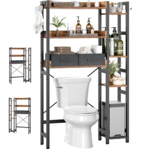 over the toilet storage with 2 drawers - 7 tier bathroom organizer with adjustable shelf, freestanding space saver storage rack above toilet stand with 4 hooks for, restroom, laundry, rustic brown