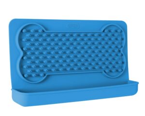 dexas snack & distract licking mat with catch tray for dogs and cats-9.5"x 5.5", pro blue. sticks to most slick or smooth surfaces. eases anxiety, prevents boredom, entertains and distracts.