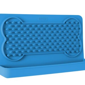 Dexas Snack & Distract Licking Mat with Catch Tray for Dogs and Cats-9.5"x 5.5", Pro Blue. Sticks to Most Slick or Smooth Surfaces. Eases Anxiety, Prevents Boredom, Entertains and Distracts.