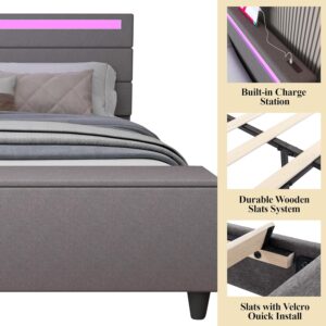 Kallabe Full Size Bed Frame with Ottoman, Upholstered Headboard with LED Lights and USB Ports, Noise-Free Bed Frame with Solid Wooden Slats Support, No Box Spring Needed, Easy Assembly, Grey