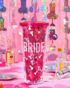 xo, fetti pink confetti bride rhinestone plastic tumbler - 24 oz | bachelorette party, bride to be gift, bridal shower supplies, engagement