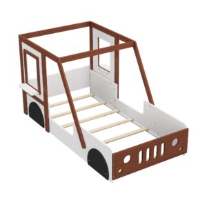 Twin Size Car Bed, Wood Racecar Bed Frame with Fence Railings and Canopy, Kids Floor Bed Frame in Car-Shaped for Boys Girls Teens, White with Walnut