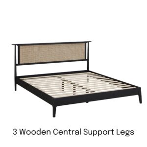 NTC Ruby Wooden Bed Frame with Headboard and Natural Rattan, Solid Oak Foundation with Silent Slats, 1000 Lb Capacity, Effortless Assembly, Queen - Burnt Black