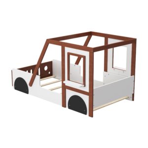 Twin Size Car Bed, Wood Racecar Bed Frame with Fence Railings and Canopy, Kids Floor Bed Frame in Car-Shaped for Boys Girls Teens, White with Walnut