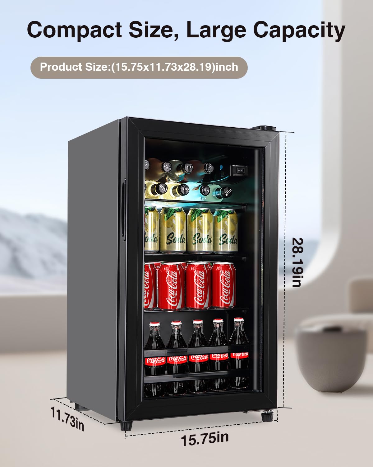 Iorbur FLB-60 Refrigerator Cooler-120 Can Freestanding Beverage Cooler with Glass Door-Small Drink Dispenser Machine for Office or Bar with Adjustable Removable Shelves, Black