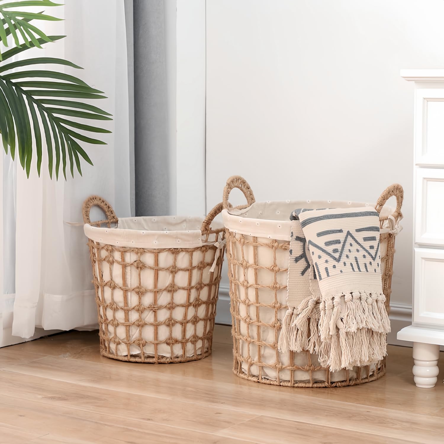 GIB Set of 3 Round Woven Wicker Storage Baskets with Handles & Liners, Natural Jute Decorative Laundry Hampers Baskets Storage Organizer for Blankets, Toys, Bathroom, Living Room, Closet & Shelves