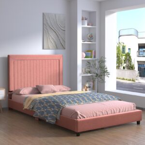 twin frame bed for kids, adjustable height headboard children's bed, wooden slat base toddler twin bed,children's bedroom furniture for boys and girls, fits standard twin mattress(75"wx39"d) (pink)