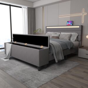 kallabe full size bed frame with ottoman, upholstered headboard with led lights and usb ports, noise-free bed frame with solid wooden slats support, no box spring needed, easy assembly, grey