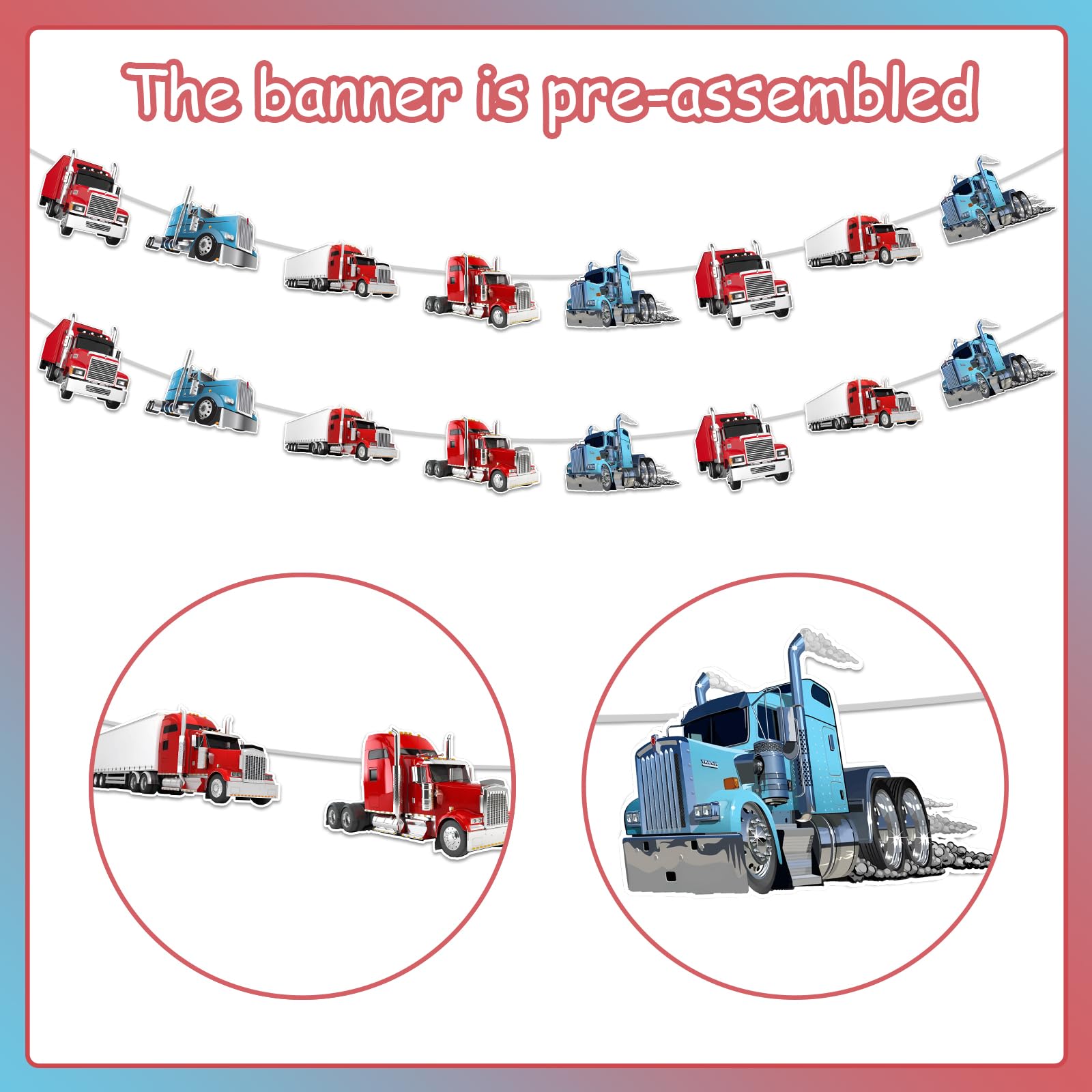 Jollyboom 2Pcs Construction Birthday Banner, Truck Birthday Banner Garland for Boys Girls, Heavy Truck Semi Truck Happy Birthday Banner for Transportation Theme Birthday Party Baby Shower