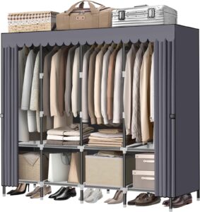 lokeme wardrobe closet，grey portable closet with zippers， 65.4inches 19mm diameter，portable closets for hanging clothes，with 4 booms and storage cabinets，spacious large -capacity storage space