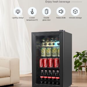 Iorbur FLB-60 Refrigerator Cooler-120 Can Freestanding Beverage Cooler with Glass Door-Small Drink Dispenser Machine for Office or Bar with Adjustable Removable Shelves, Black