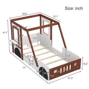 Twin Size Car Bed, Wood Racecar Bed Frame with Fence Railings and Canopy, Kids Floor Bed Frame in Car-Shaped for Boys Girls Teens, White with Walnut