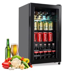 euasoo flb-60 refrigerator cooler-120 can freestanding beverage cooler with glass door-small drink dispenser machine for office or bar with adjustable removable shelves, black