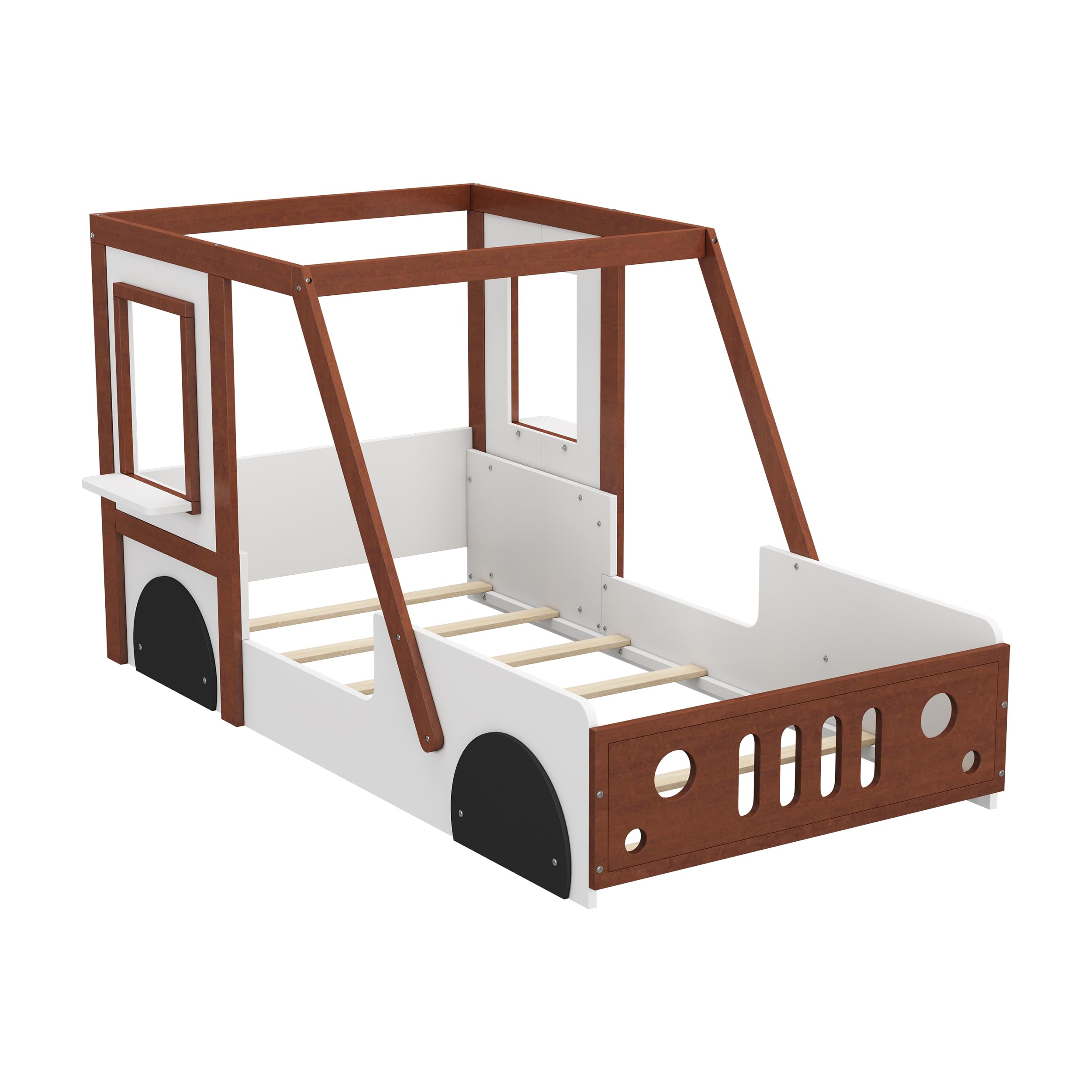 Twin Size Car Bed, Wood Racecar Bed Frame with Fence Railings and Canopy, Kids Floor Bed Frame in Car-Shaped for Boys Girls Teens, White with Walnut