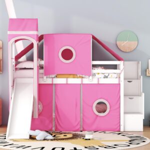 harper & bright designs house twin loft bed with slide,storage stairs and tent, wood kids loft bunk bed with tower and ladders, playhouse twin bed frame for kids, teens, boys & girls (twin, pink)