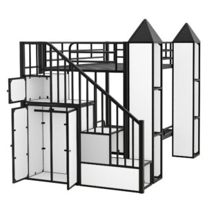 YOPTO Twin Castle-Shaped Wardrobe and Multiple, Metal Bunk Bed with Storage Staircase and Safety Guardrail for Kids Boys Girls Bedroom, 63" H x 92.9" L x 53.2" W, White+Black