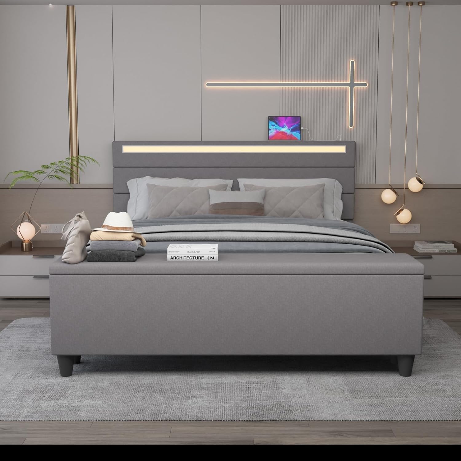 Kallabe Full Size Bed Frame with Ottoman, Upholstered Headboard with LED Lights and USB Ports, Noise-Free Bed Frame with Solid Wooden Slats Support, No Box Spring Needed, Easy Assembly, Grey