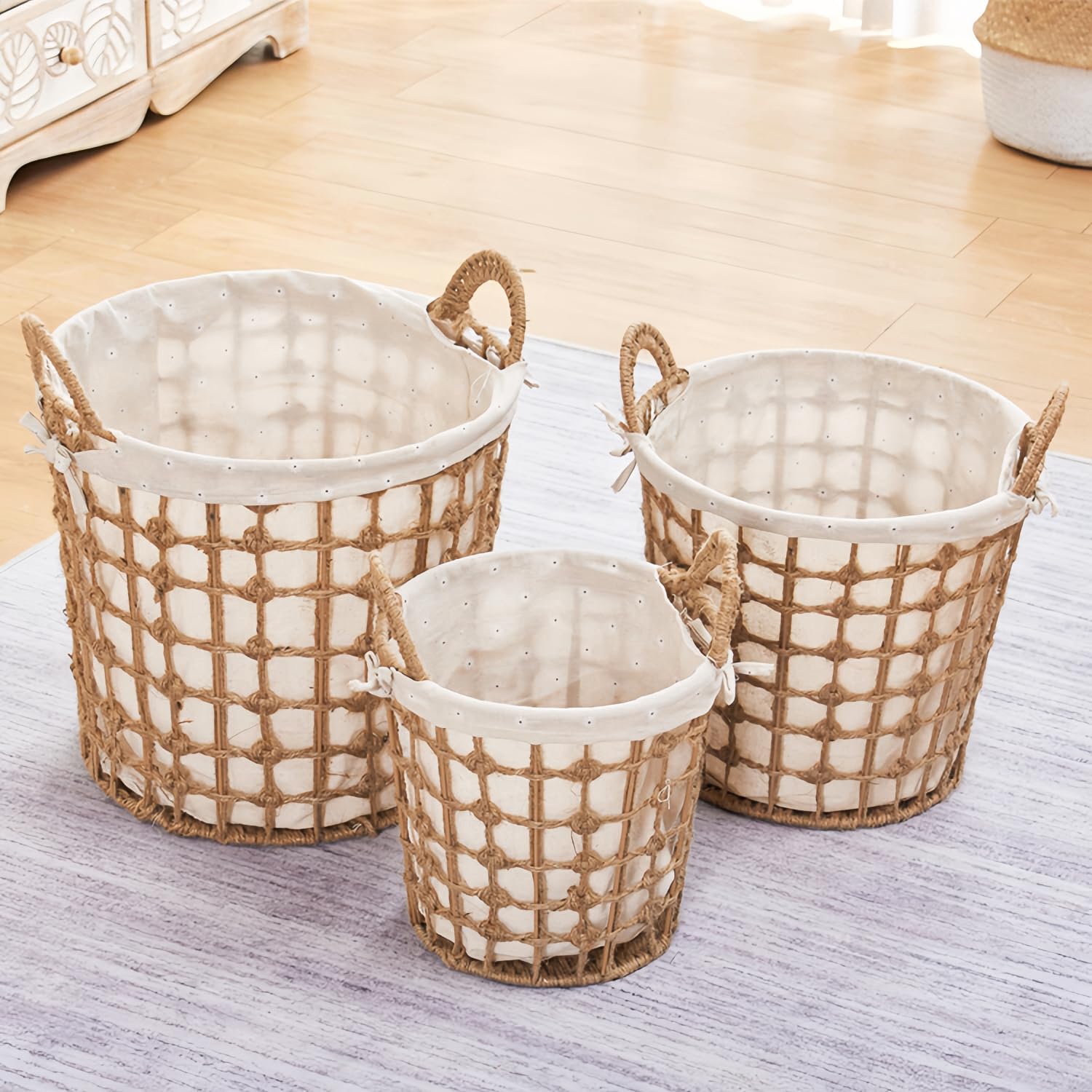 GIB Set of 3 Round Woven Wicker Storage Baskets with Handles & Liners, Natural Jute Decorative Laundry Hampers Baskets Storage Organizer for Blankets, Toys, Bathroom, Living Room, Closet & Shelves