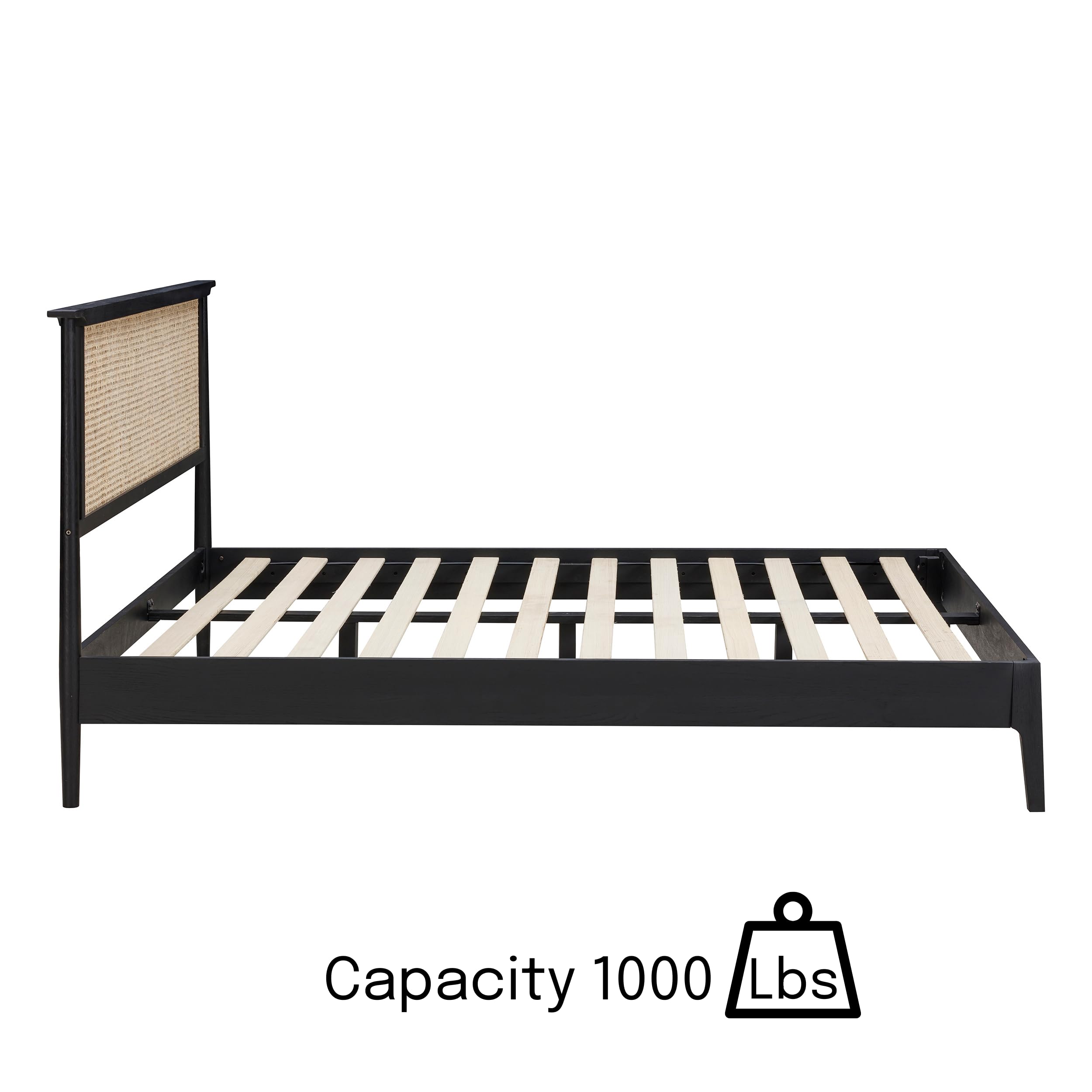 NTC Ruby Wooden Bed Frame with Headboard and Natural Rattan, Solid Oak Foundation with Silent Slats, 1000 Lb Capacity, Effortless Assembly, Queen - Burnt Black