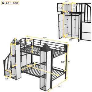 YOPTO Twin Castle-Shaped Wardrobe and Multiple, Metal Bunk Bed with Storage Staircase and Safety Guardrail for Kids Boys Girls Bedroom, 63" H x 92.9" L x 53.2" W, White+Black