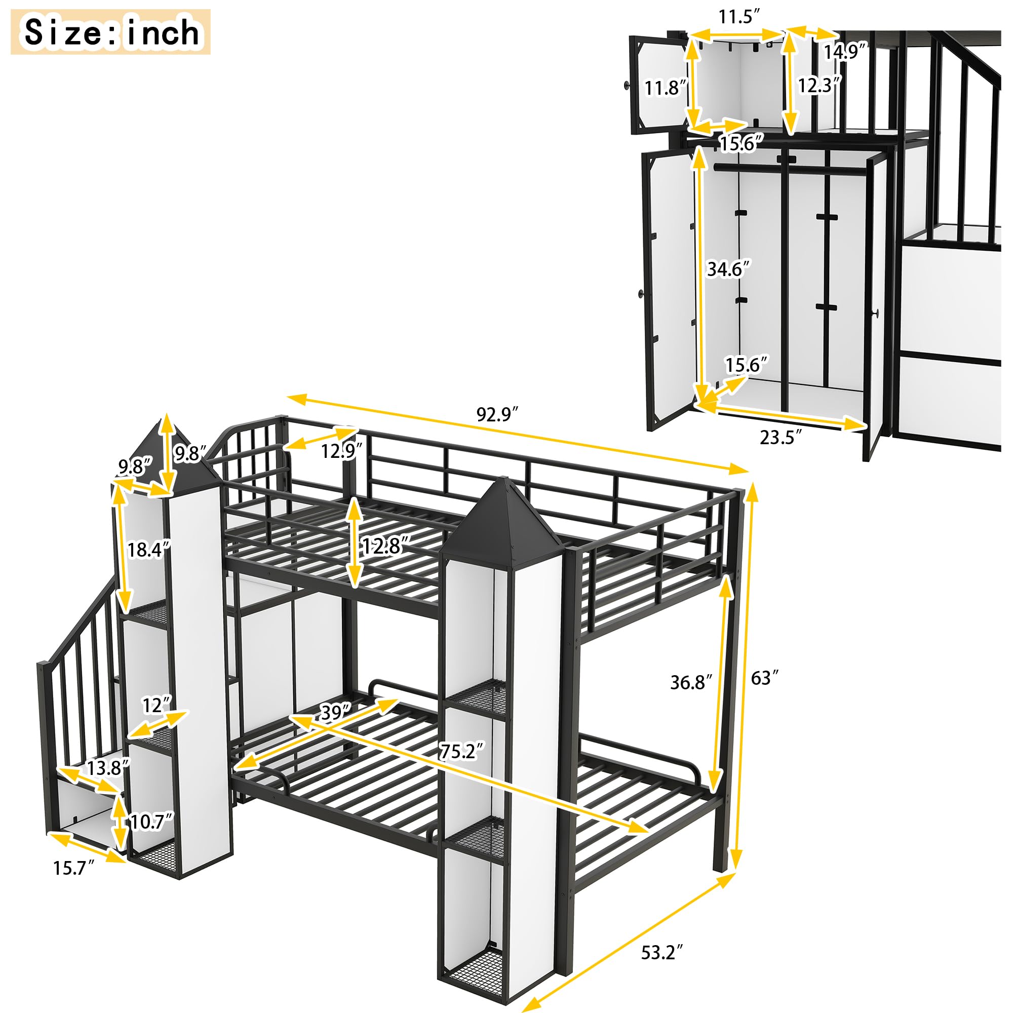 YOPTO Twin Castle-Shaped Wardrobe and Multiple, Metal Bunk Bed with Storage Staircase and Safety Guardrail for Kids Boys Girls Bedroom, 63" H x 92.9" L x 53.2" W, White+Black