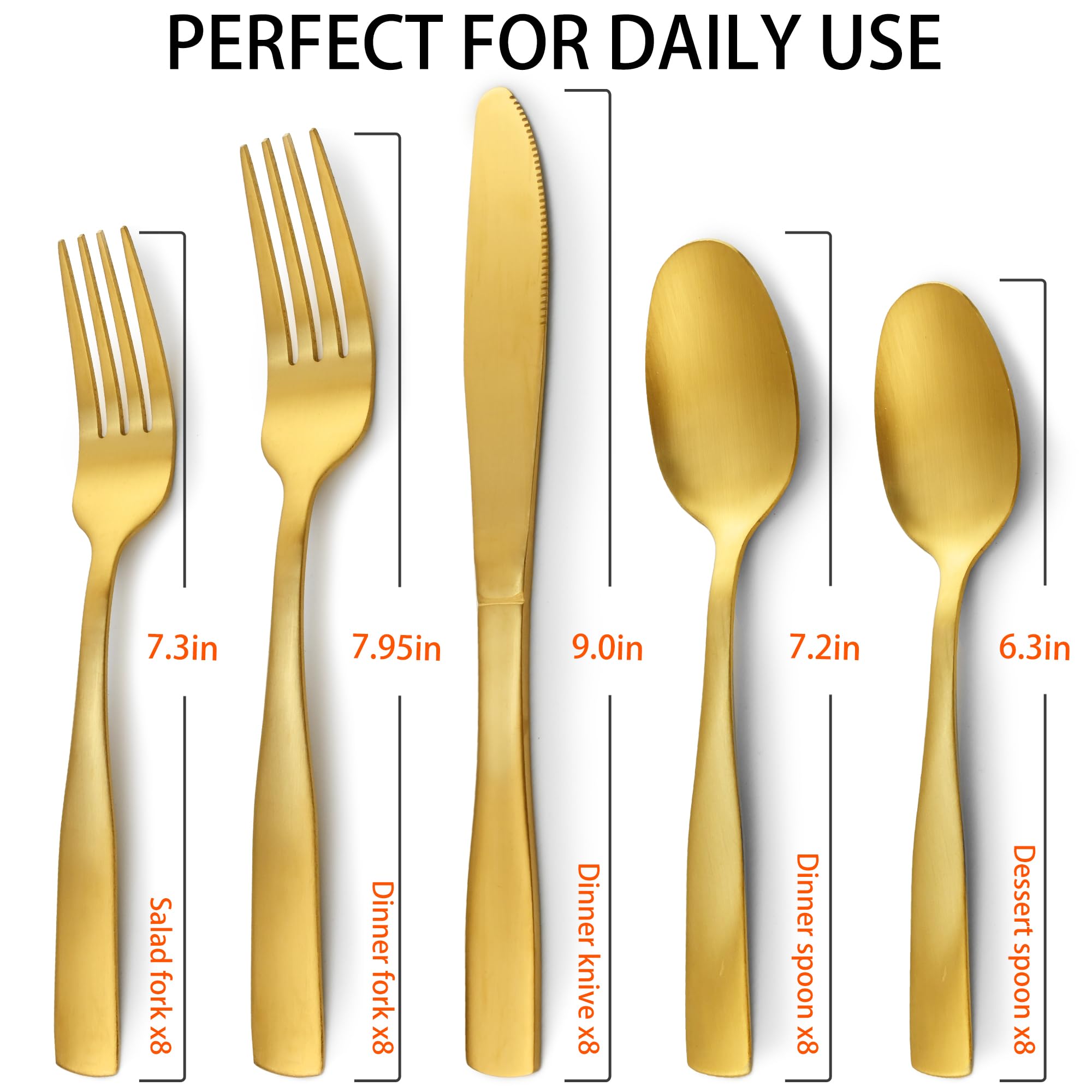 IFERRENS 40-Piece Matte Gold Silverware Set for 8, 18/0 Brushed Finish Stainless Steel Utensils Set, Dishwasher Safe Modern Flatware Set for Daily Home Restaurant Party Event Serving For 8