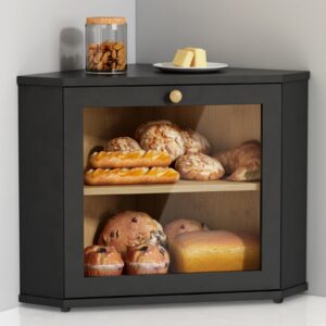 goozii corner bread box for kitchen countertop, black bread storage container for homemade bread, two layer breadbox under cabinet mount, large bread holder for kitchen counter, panry shelf