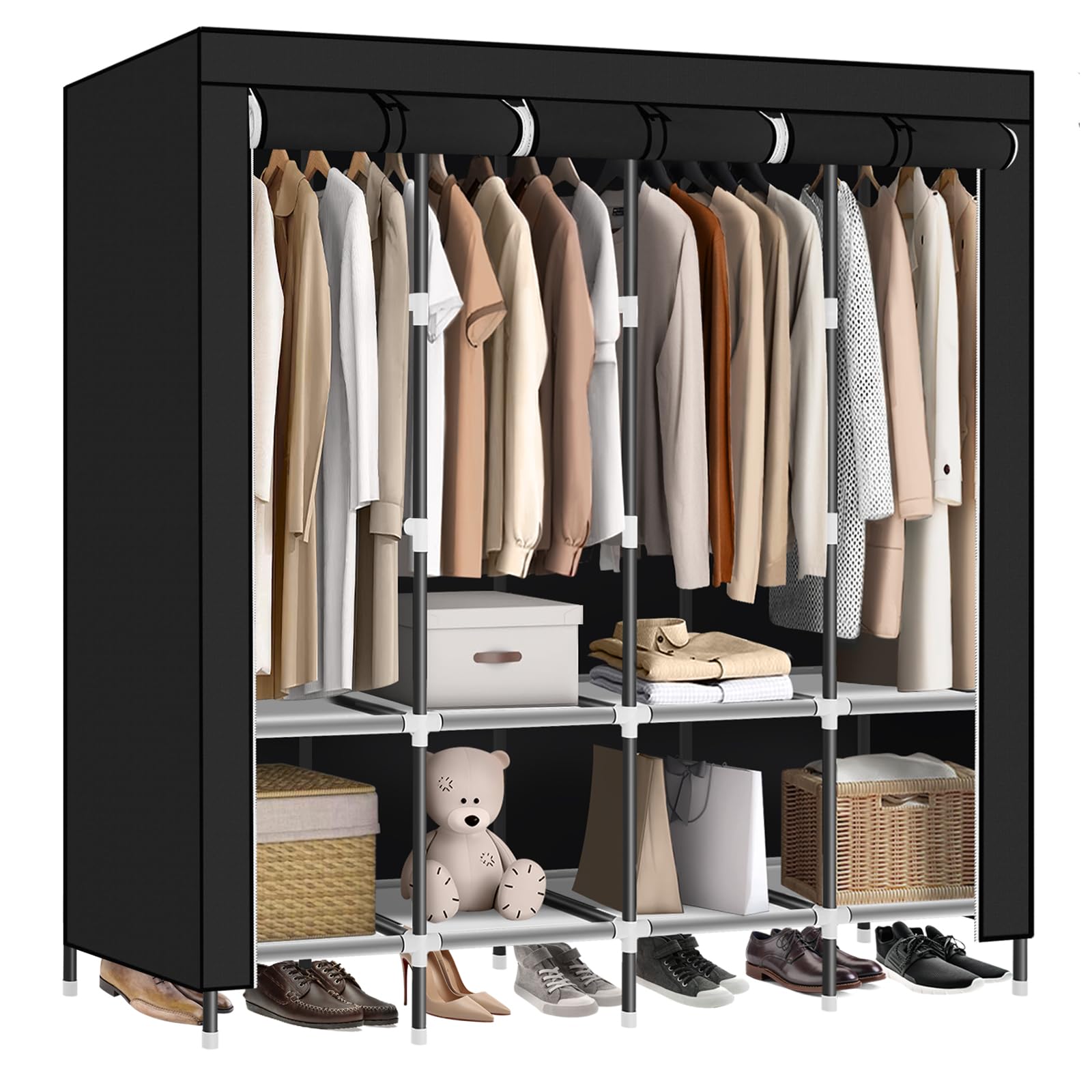 LOKEME Portable Closet，19mm Diameter Portable Closets for Hanging Clothes，Black Closet with 4 Hanging Rods and 8 Storage Shelves，Non-Woven Fabric，Easy to Assembly，67.9x18.4x70.8 Inches