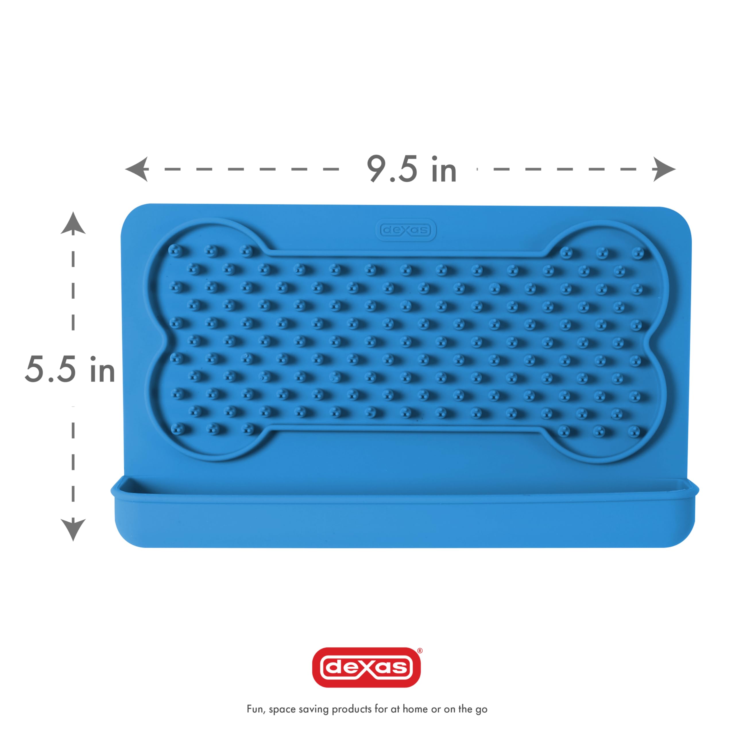 Dexas Snack & Distract Licking Mat with Catch Tray for Dogs and Cats-9.5"x 5.5", Pro Blue. Sticks to Most Slick or Smooth Surfaces. Eases Anxiety, Prevents Boredom, Entertains and Distracts.