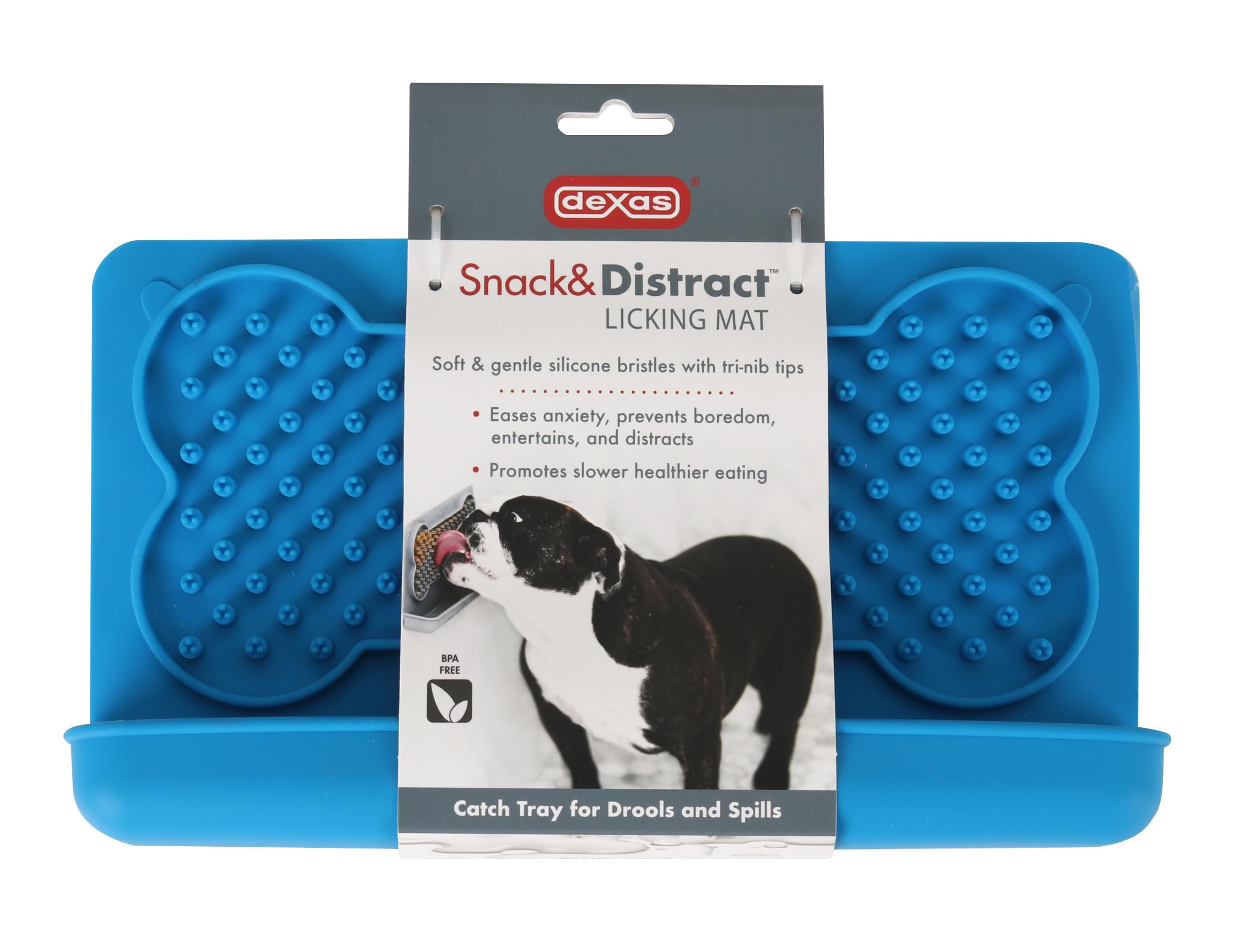 Dexas Snack & Distract Licking Mat with Catch Tray for Dogs and Cats-9.5"x 5.5", Pro Blue. Sticks to Most Slick or Smooth Surfaces. Eases Anxiety, Prevents Boredom, Entertains and Distracts.