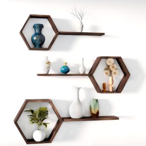 decovate hexagon floating shelves set of 6 honeycomb shelves for wall, wooden hexagon shelves for farmhouse storage, sturdy elegant & geometric octagon shelf for office, kids, diy & hallway wall decor