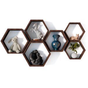 decovate hexagon floating shelves set of 6 honeycomb shelves for wall, wooden hexagon shelves for farmhouse storage, sturdy elegant & geometric octagon shelf for office, kids, diy & hallway wall decor