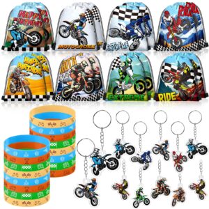 talltalk 48 pcs dirt bike party favors for boy motocross birthday decorations 16 motorcycle party drawstring bag racing candy goodie snacks gift bag 16 wristband 16 keychain for baby shower birthday