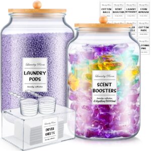 silifine 2 pcs glass jars for laundry room organization and storage 0.8 gallon laundry pods container with airtight bamboo lid, acrylic dryer sheet holder with lid 14 labels and 2 scoops for detergent